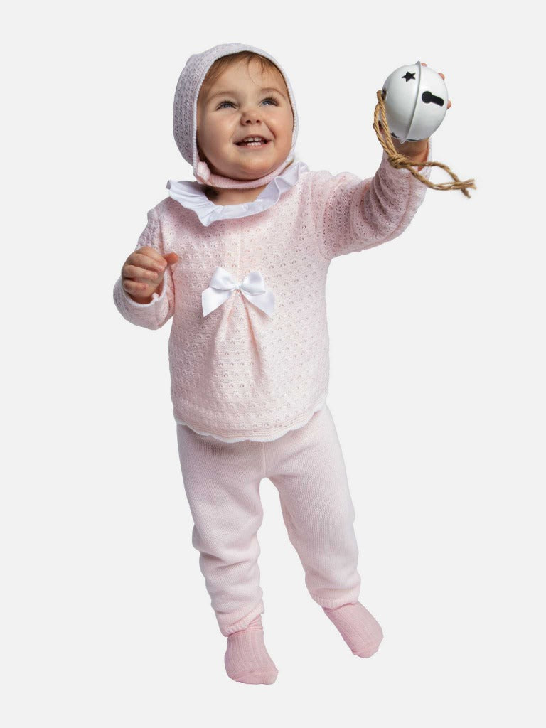 Mia Collection: Knit Baby Girl Set with Bow & Bonnet